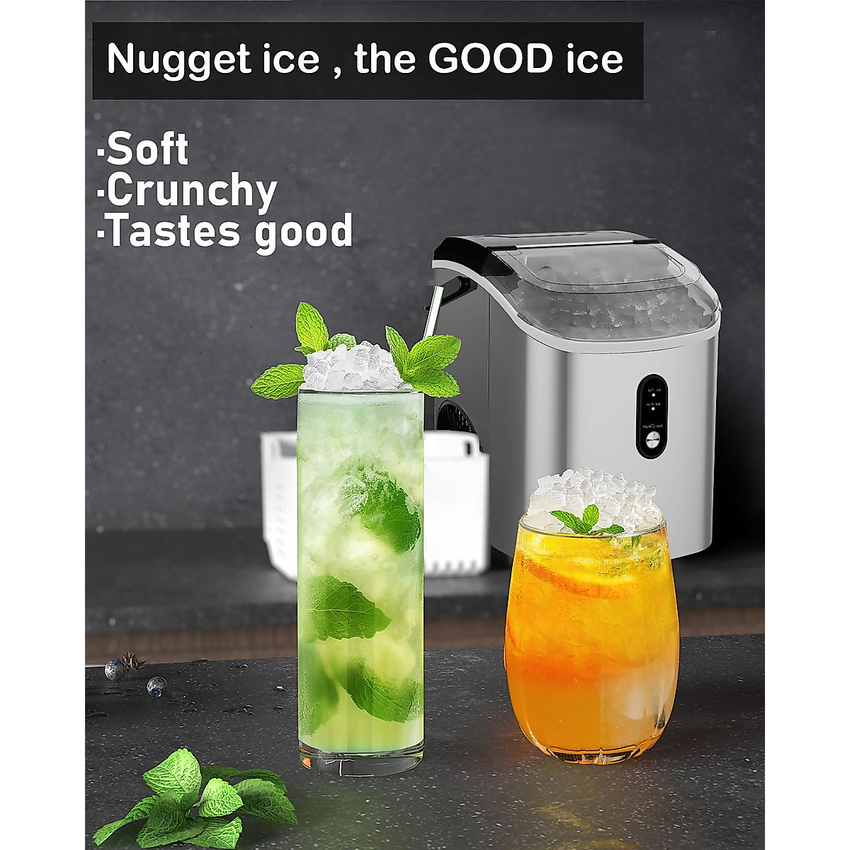 Kndko Countertop Ice Maker with Handle, 26 lbs/Day, 9pcs Bullet Ice in 6 min, Smart Self-Cleaning, Portable Ice Makers Countertop for Home/Office/Party/RV