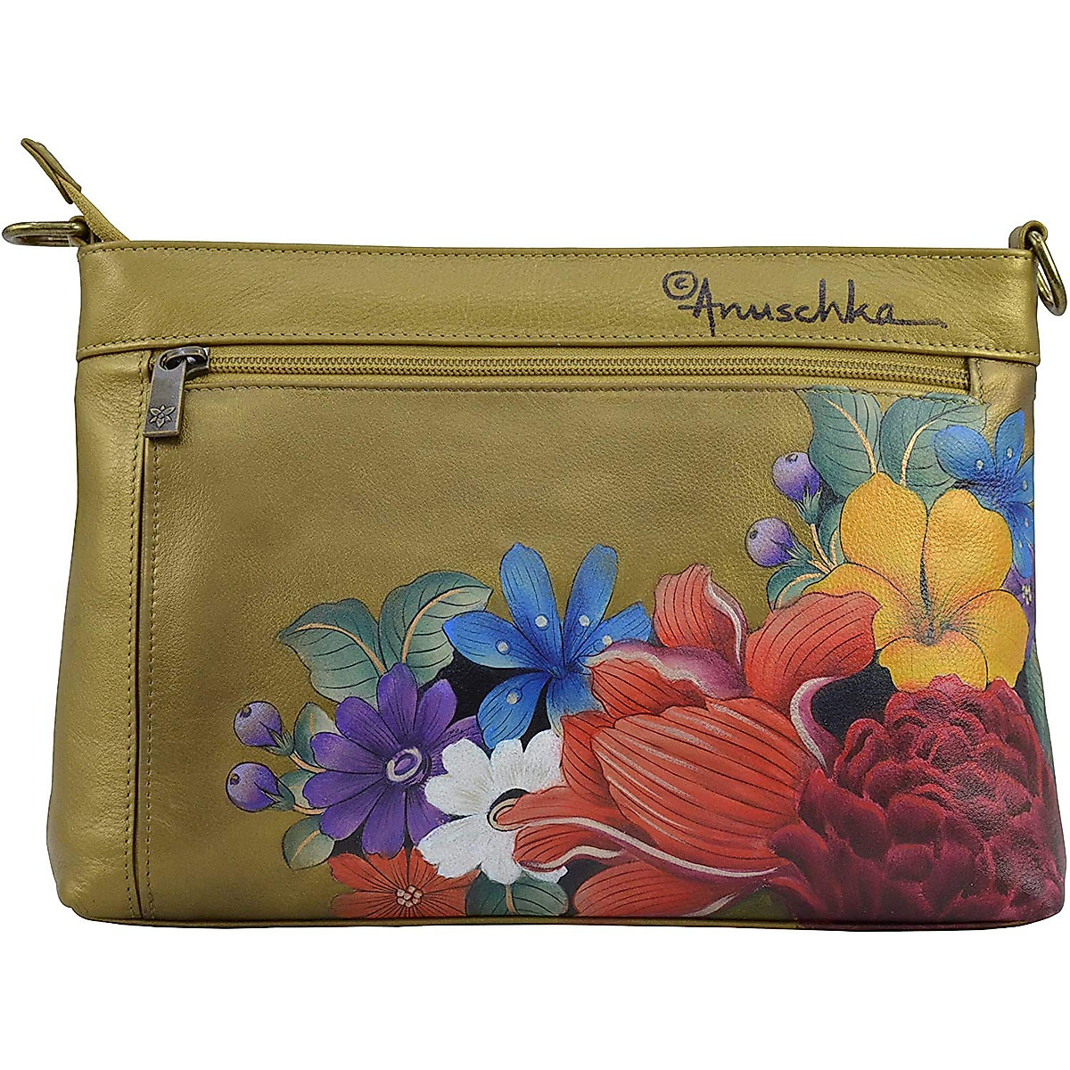 Anuschka Women’s Genuine Leather Shoulder Organiser - Hand Painted Exterior - Dreamy Floral