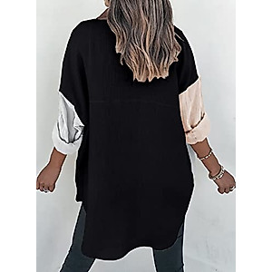 Dokotoo Women's Comfy Color Block Button-Up Shirt, Roll-Up Long Sleeve, Soft Oversized Boyfriend Top, Beach Cover, Black XL