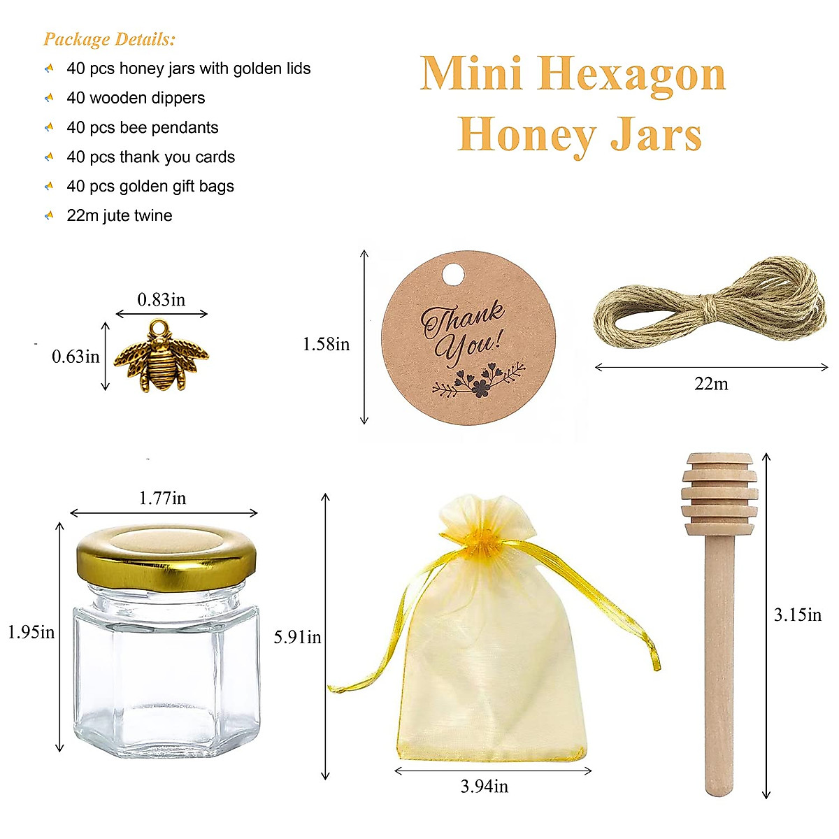IIKUM 40 Pack 1.5 oz Hexagon Mini Glass Honey Jars with Wooden Dippers, Gold Lids, Bee Pendants, Golden Gift Bags, Thank You Cards, Jutes - Perfect for Baby Shower, Wedding Favors and Party Favors