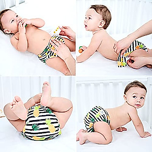 Baby Cloth Nappies for Babies 10 Pack Washable Nappies Diapers 5 Cloth Diapers & 5 Reusable Nappies Inserts Adjustable Super Absorbent Pocket Nappy for Infants (Blue Bear Balloon Flamingo)