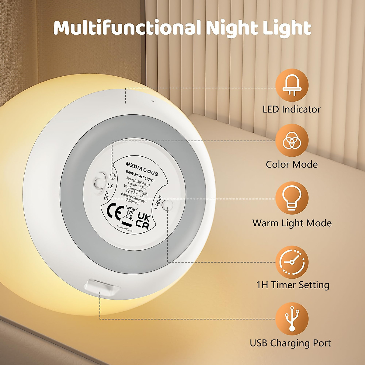 MediAcous Night Light for Kids, Baby Night Light with 8 Colors Changing & Dimming Function, Rechargeable Night Light with 1 Hour Timer & Touch Control, Up to 100H