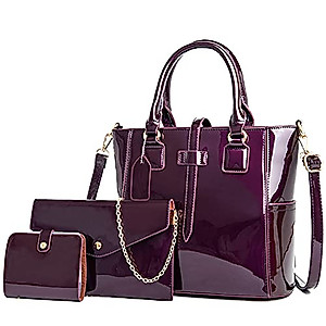 ZiMing Women Handbags and Purses Set Patent Leather Satchel Top Handle Handbag Chain Shoulder Crossbody Bags Wallet Card Holder 3 Pcs Set-Purple