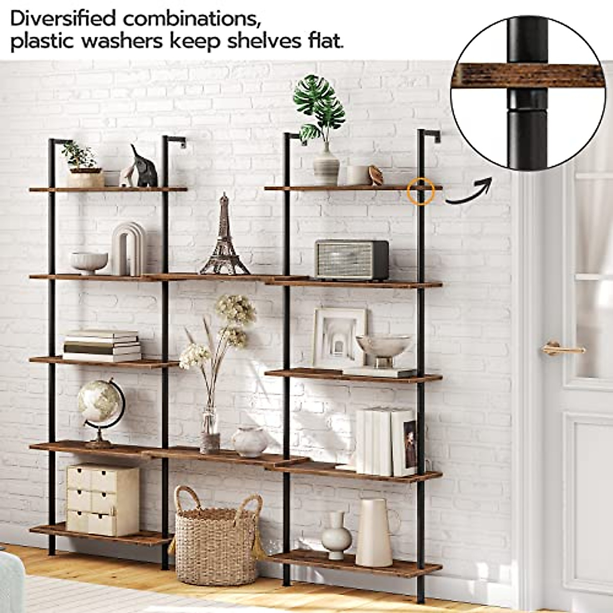 HOOBRO 5-Tier DIY Ladder Shelf and 6-Tier Wall Mounted Bookshelf, Office Vertical Bookcase, Wooden Storage Shelves for Home Office, Bedroom, Rustic Brown BF53CJ01-BF65CJ01
