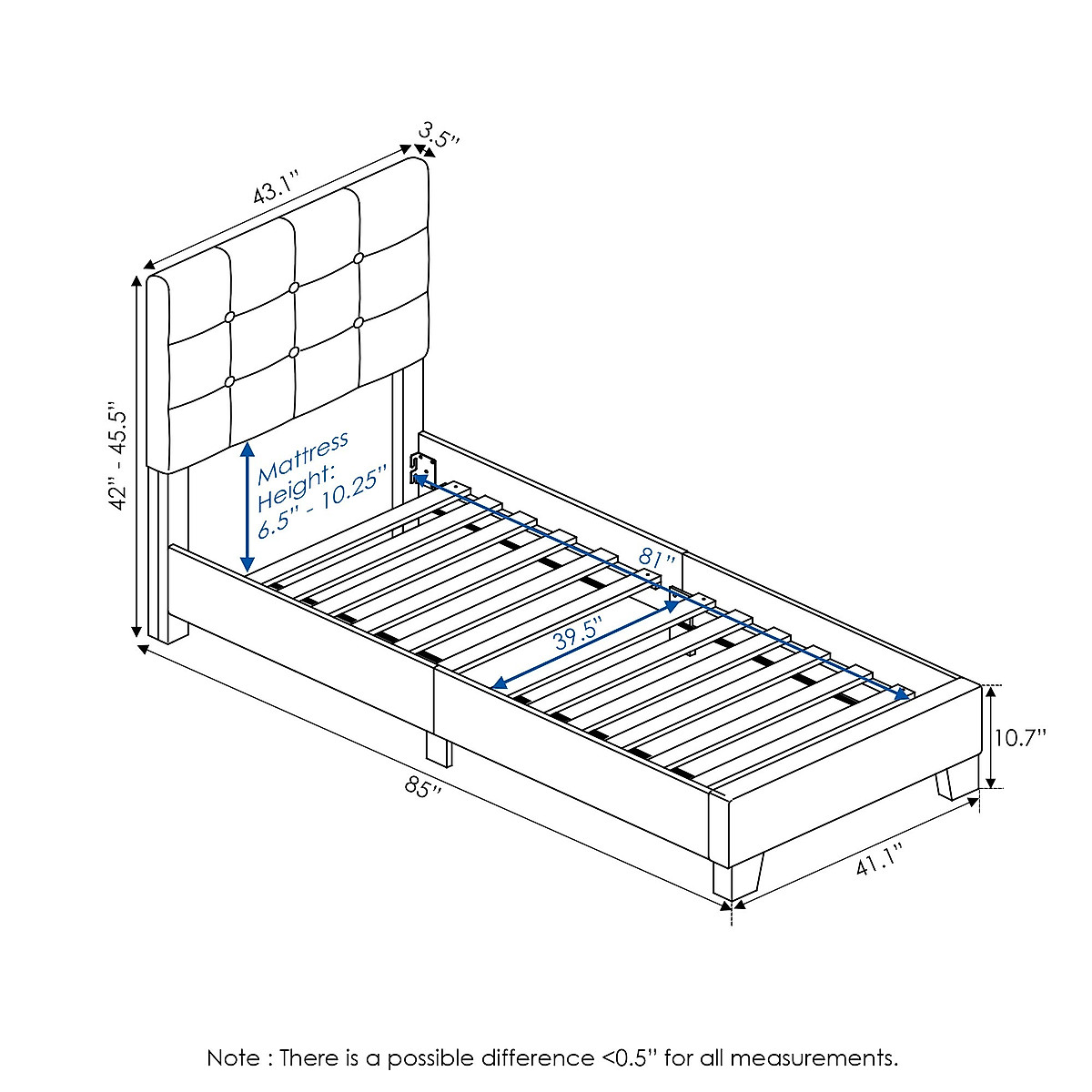 Furinno Laval Button Tufted Upholstered Platform Bed Frame, Twin XL, Glacier