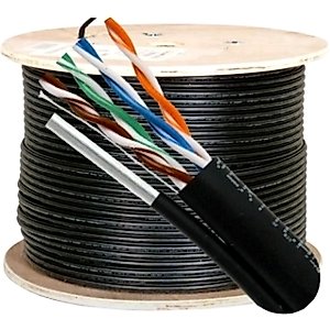 Vertical Cable Cat5e, 350 Mhz, UTP, UV Jacket, Outdoor, CMX, Messenger, 1000ft, Black, Bulk Ethernet Cable, Wooden Spool