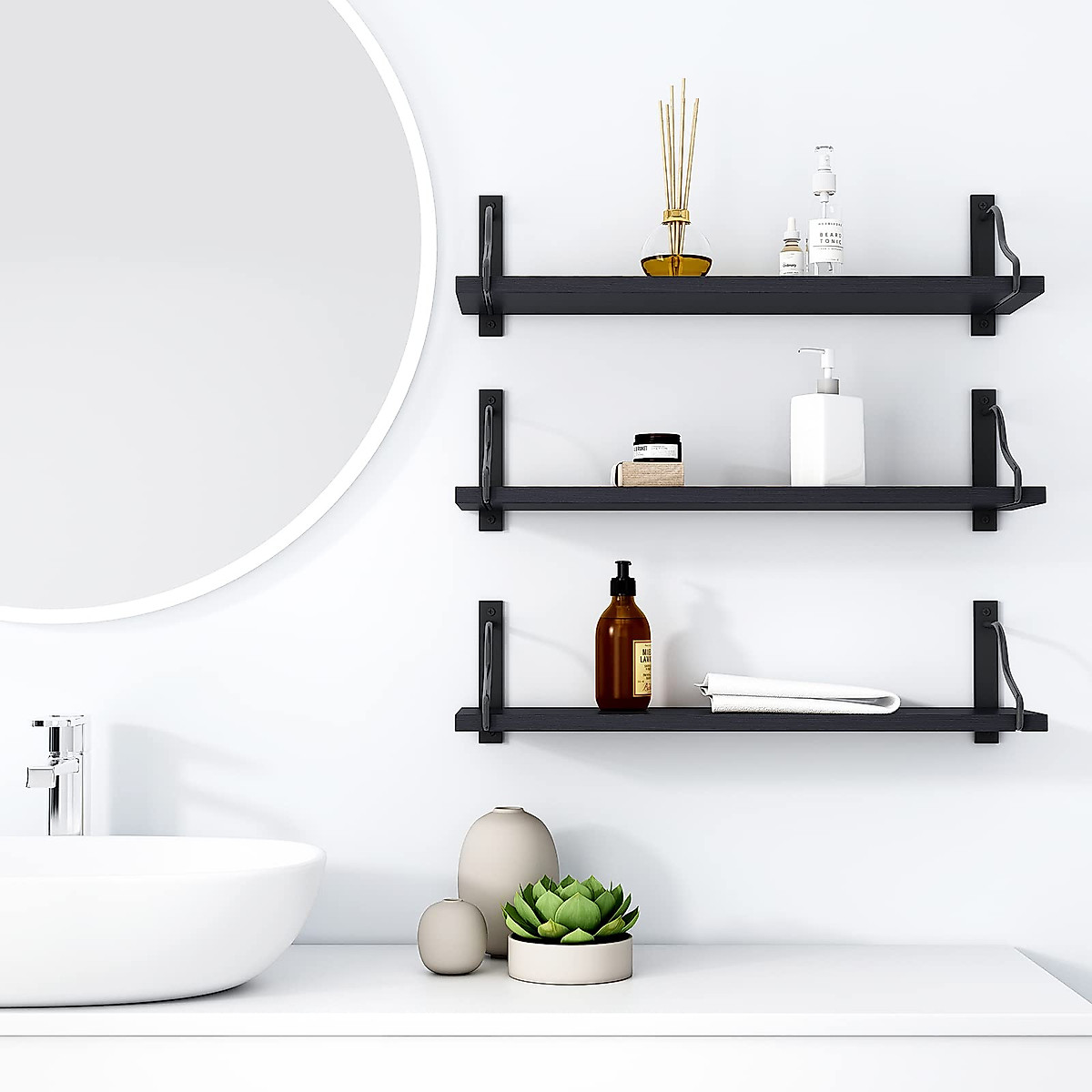 Inforth Wall Shelves, Wood Wall Mounted Shelves for Wall Storage, Floating Shelves for Wall Display with Metal Bracket, Hanging Shelves for Bedroom Kitchen Living Room (Black, 17 Inches)