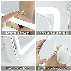 Sucedey Makeup Mirror with Lights, 12"x10" Lighted Vanity Mirror, 3 Color Modes & Adjustable Brightness, Detachable 10x Magnification, 360°Rotation (White)