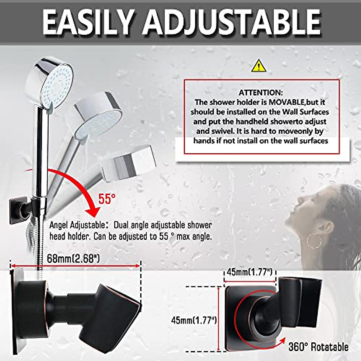 Shower Head Holder Adjustable Handheld Shower Head Bracket Adhesive Shower Wall Mount Holder Brass Shower Wand Holder Oil-Rubbed Bronze, Drill Free Glue Installation