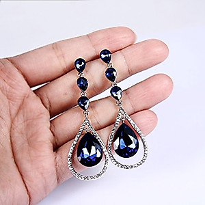 EVER FAITH Austrian Crystal Bridal Hollow-out Teardrop Pierced Dangle Earrings Blue Silver-Tone