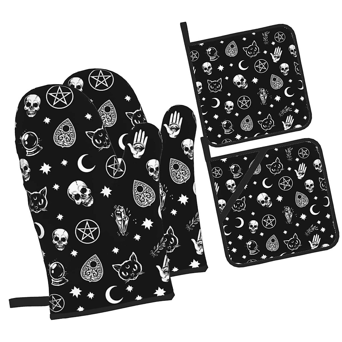 Skull Cat Moon Gothic Pattern Oven Mitts and Pot Holders 4 Pcs Sets Heat Resistant Gloves for Kitchen BBQ Cooking Baking Grilling
