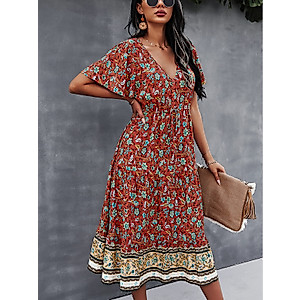 TEMOFON Summer Dresses for Women 2024 Boho Sun Maxi Beach Sundresses Summer Floral Short Sleeve V Neck Bohemain Flowy Loose Casual Cute Spring Trendy Vacation Dress Red