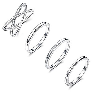 LOYALLOOK 4PCS Stainless Steel Stacking Wedding Band Rings Women CZ Criss Cross Ring Women Engagement Eternity Knuckle Mid Ring Set, Size 7