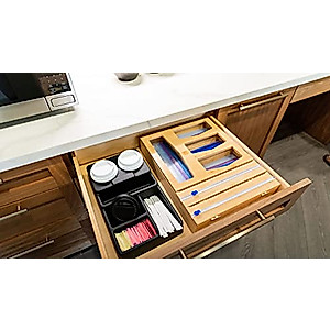 Bamboo Ziplock Bag Organizer, Kitchen Food Storage organizer, Baggie organizer for Kitchen Plastic Bag Storage, Foil, Plastic Wrap, Gallon, Quart, Sandwich, Snack