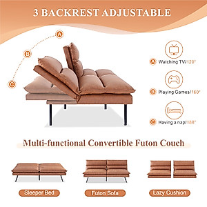 Opoiar Modern Convertible Sofa,Futon Sofa Bed,Faux Leather Futon,Futon Bed,Loveseat Sofa,Futon Couch,Memory Foam Sleeper Sofa,Quick Adjustable Backrests for Compact Living Spaces,Office,Studio,Brown