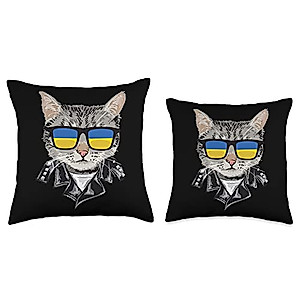 Funny Ukraine Cat Gift for Men & Women Ukraine Flag Sunglasses-Cool Ukrainian Cat Throw Pillow, 16x16, Multicolor
