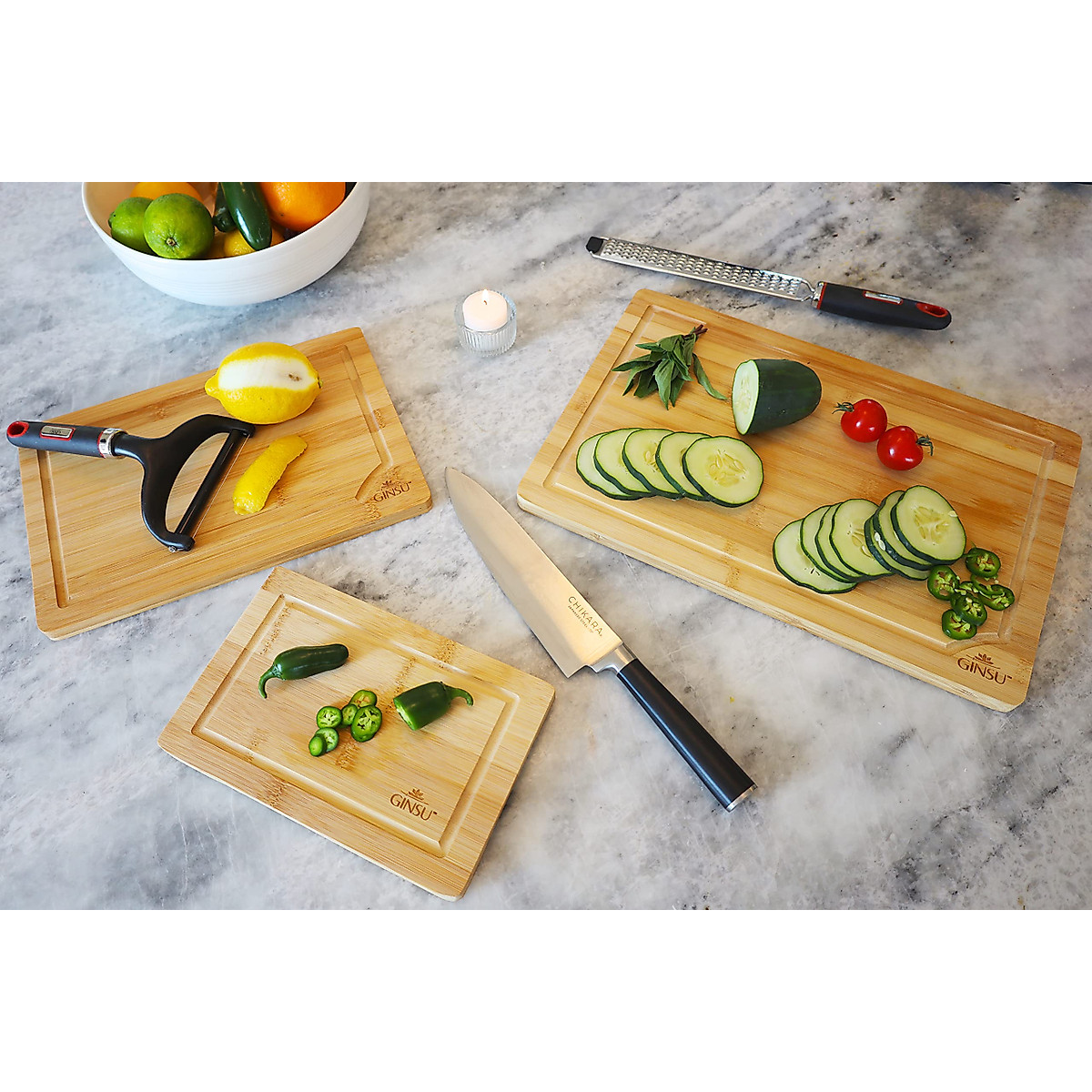 Ginsu Cutting Board Set – 3Pcs Bamboo Cutting Board for Chopping, Slicing, Dicing – Heavy Duty Butcher Block Countertop Household Supplies – Protects Cooking Surface, Knife Blade