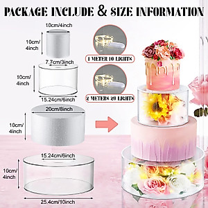 Tanlade 2 Pcs Clear Acrylic Fillable Cake Stand with 2 Pcs Round Foam Cake Dummies and 2 String Lights Clear Cake Riser 10 x 4'', 6 x 4'' 6pcs Fake Cake Decorative Centerpiece for Wedding Birthday