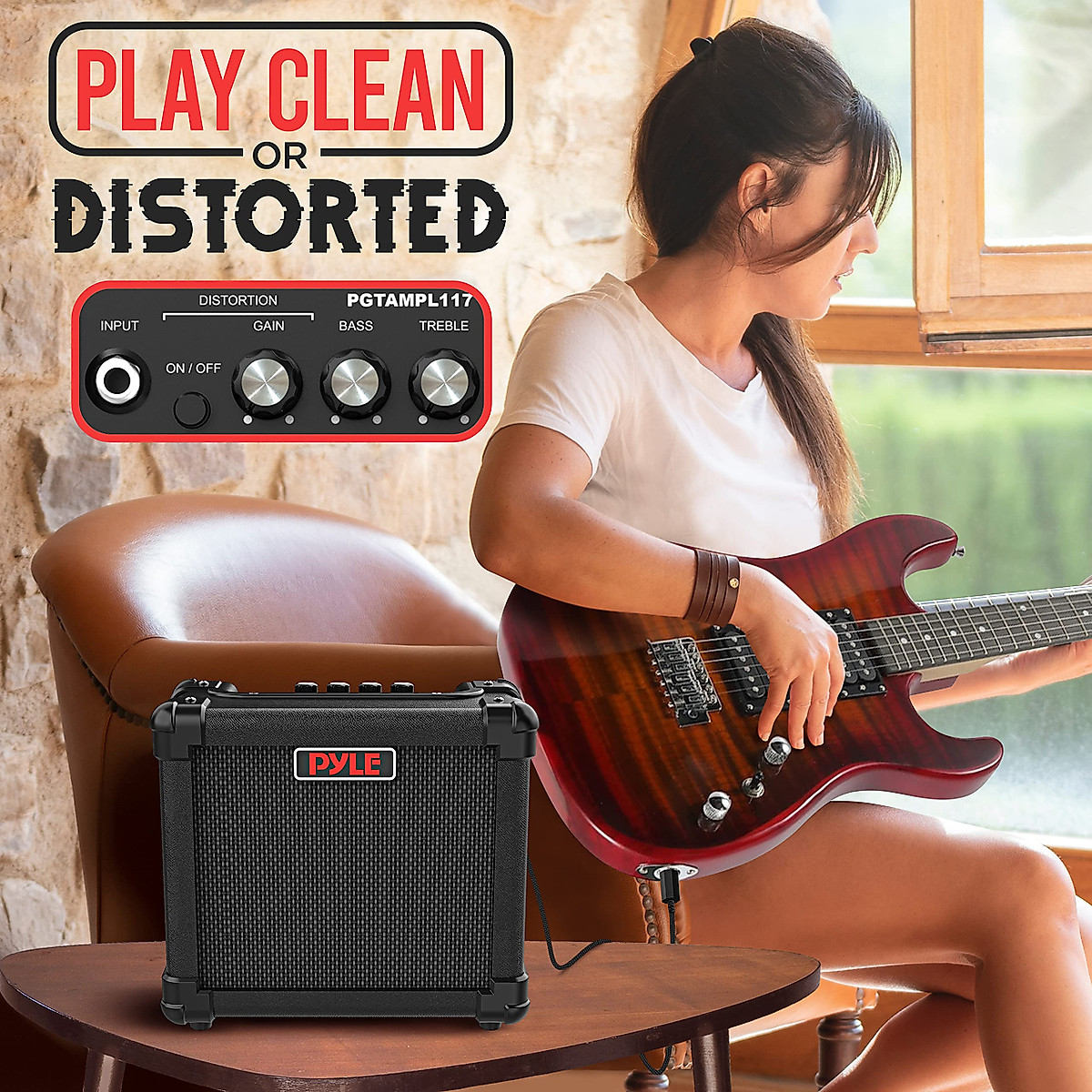Pyle Portable Electric Guitar Amp, 10W Wall Powered Mini Amplifier with 5" High Definition Speaker, Distortion, Headphone Out