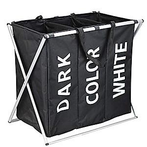 IMIKEYA 3 Sections Laundry Basket Printed Dark Light Color Foldable Laundry Hamper Sorter with Oxford Bags and Aluminum Frame Black