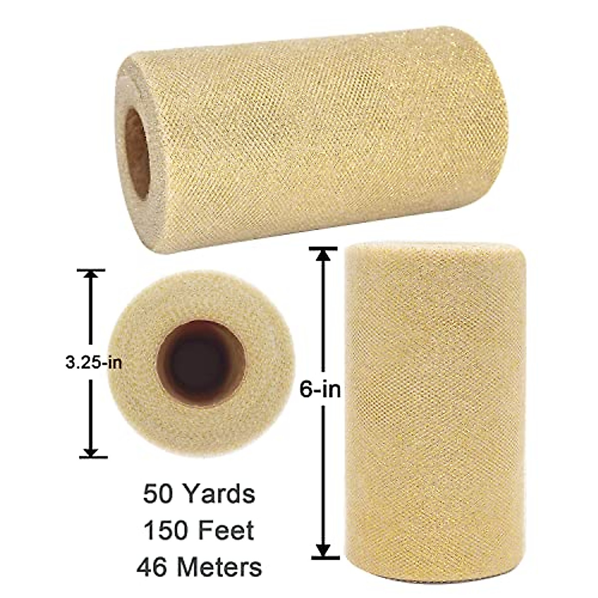 Glitter Gold Tulle Fabric Rolls, 6 Inch 50 Yards (150ft) Sparkling Spool Ribbon Sequin Netting for Tutu Skirt Gift Wrapping Wedding Party Decoration (White/Gold)