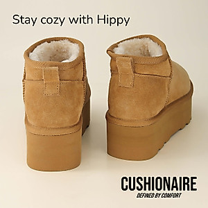 CUSHIONAIRE Hippy Women’s Platform Ankle Boots – Genuine Suede, Faux Fur Lining, Cozy Winter Slip-On Design boots for women, CHESTNUT 11