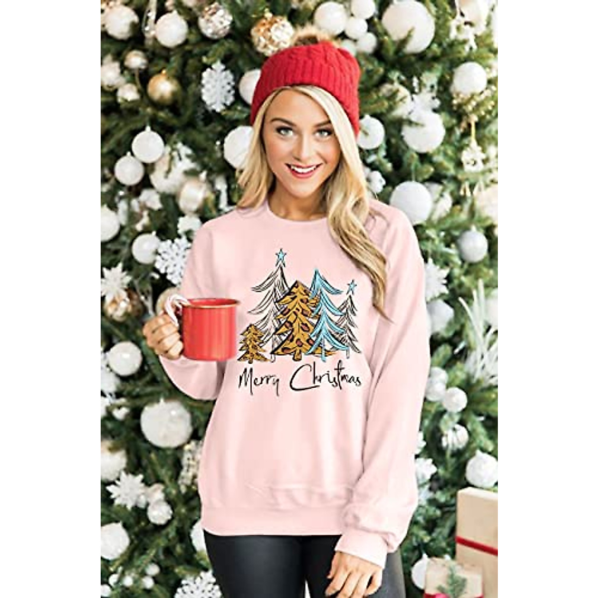 KIDDAD Christmas Sweatshirts for Women Merry Christmas Sweatshirt Funny Christmas Trees Graphic Holiday Party Pullover Tops Pink