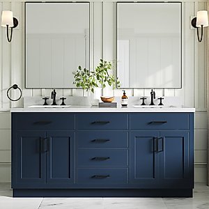 ARIEL Hepburn 72" Midnight Blue Double Vanity, 1.5" Edge Carrara Quartz Countertop & Splash, Rectangular Sinks, 4 Soft Closing Doors, 6 Full Extension Dovetail Drawers, Toe Kick, Matte Black