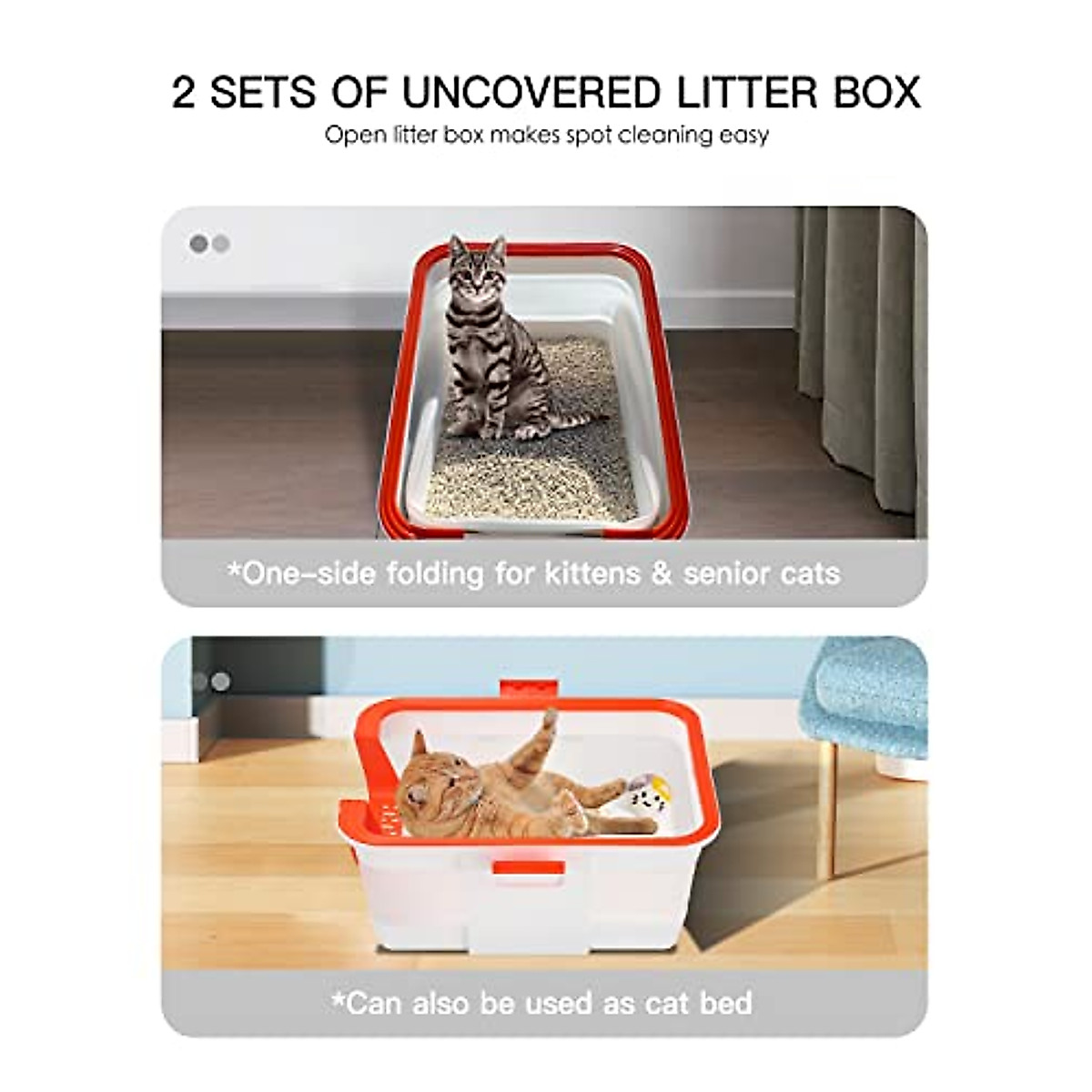 2 Pack Collapsible Kitten Litter Box, CasaTimo Foldable Open Kitty Litter Box for Medium-Sized Cats, Portable Multi-Use Litter Pan for Travel, Assembled to Covered Cat Toilet, Standard Size