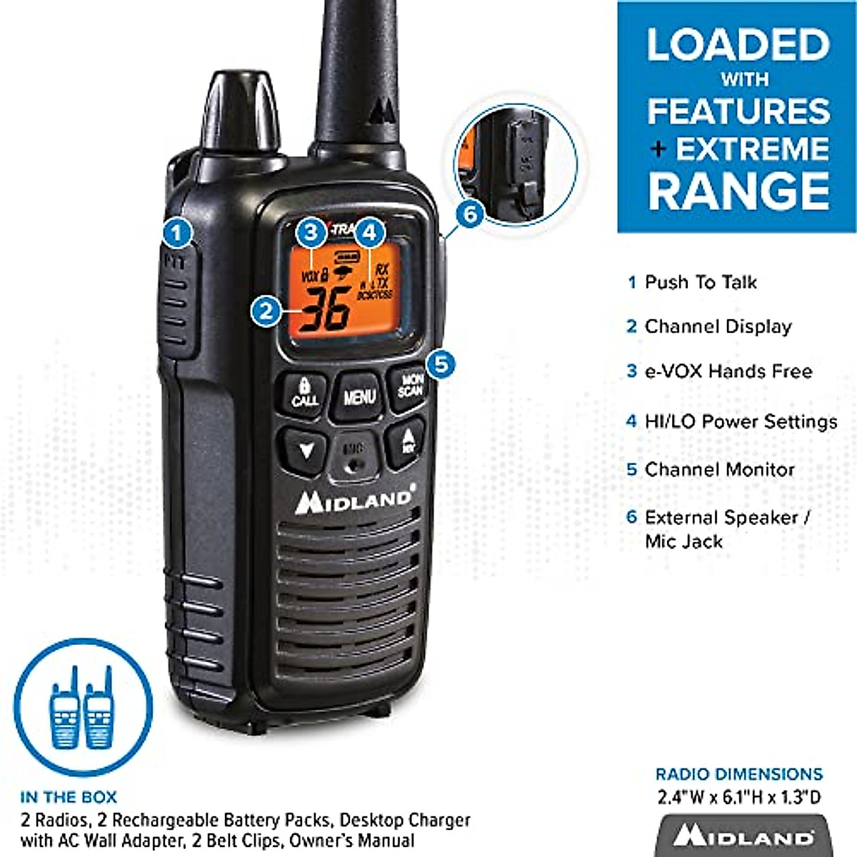 Midland - LXT600VP3, 36 Channel FRS Two-Way Radio - Up to 30 Mile Range Walkie Talkie, 121 Privacy Codes, NOAA Weather Scan + Alert (Pair Pack) (Black)
