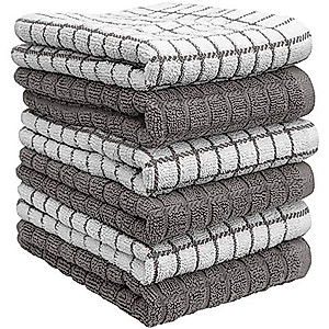 Kitchen Towels 16"x 28" | Dish Towels | Kitchen Hand Towels | Large Dishcloths Set | Highly Absorbent Tea Towel, Soft with Hanging Loop | Natural Ring Spun Cotton, 380 GSM | Gray Check Design - 6 Pack
