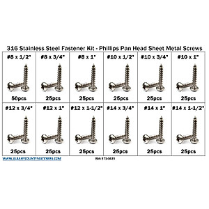 316 Stainless Steel Phillips Pan Head Sheet Metal Screw Assortment Kit Sizes #8 Through #14-326 Pieces