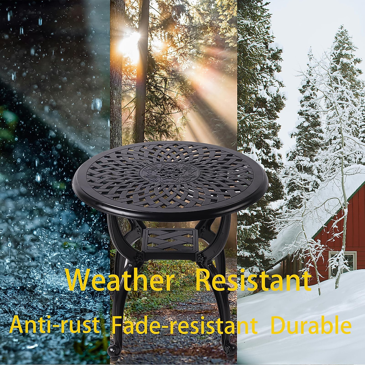 WILOUNGE Cast Aluminum Outdoor Side Table,Outdoor Coffee Table,Small Outdoor Table,Outdoor Side Tables for Patio,Garden,Balcony, for All Weather (Black, Round)