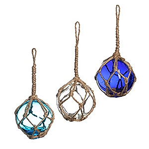 Japanese Glass Fishing Floats Ball - 2" Aqua Cobalt and White (3 Pack) - Glass Buoys With Rope - Japanese Glass Floats - Fishing Float Glass Float Balls - Glass Ball Float Decor - Nautical Glass Balls