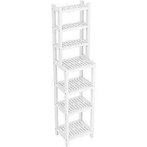 Homykic Bamboo Bathroom Storage Shelf, 7-Tier Detachable Narrow Shelf Freestanding Towel Rack Wood Corner Stand Organizer for Corner, Bathroom, Living Room, Bedroom, Kitchen, White