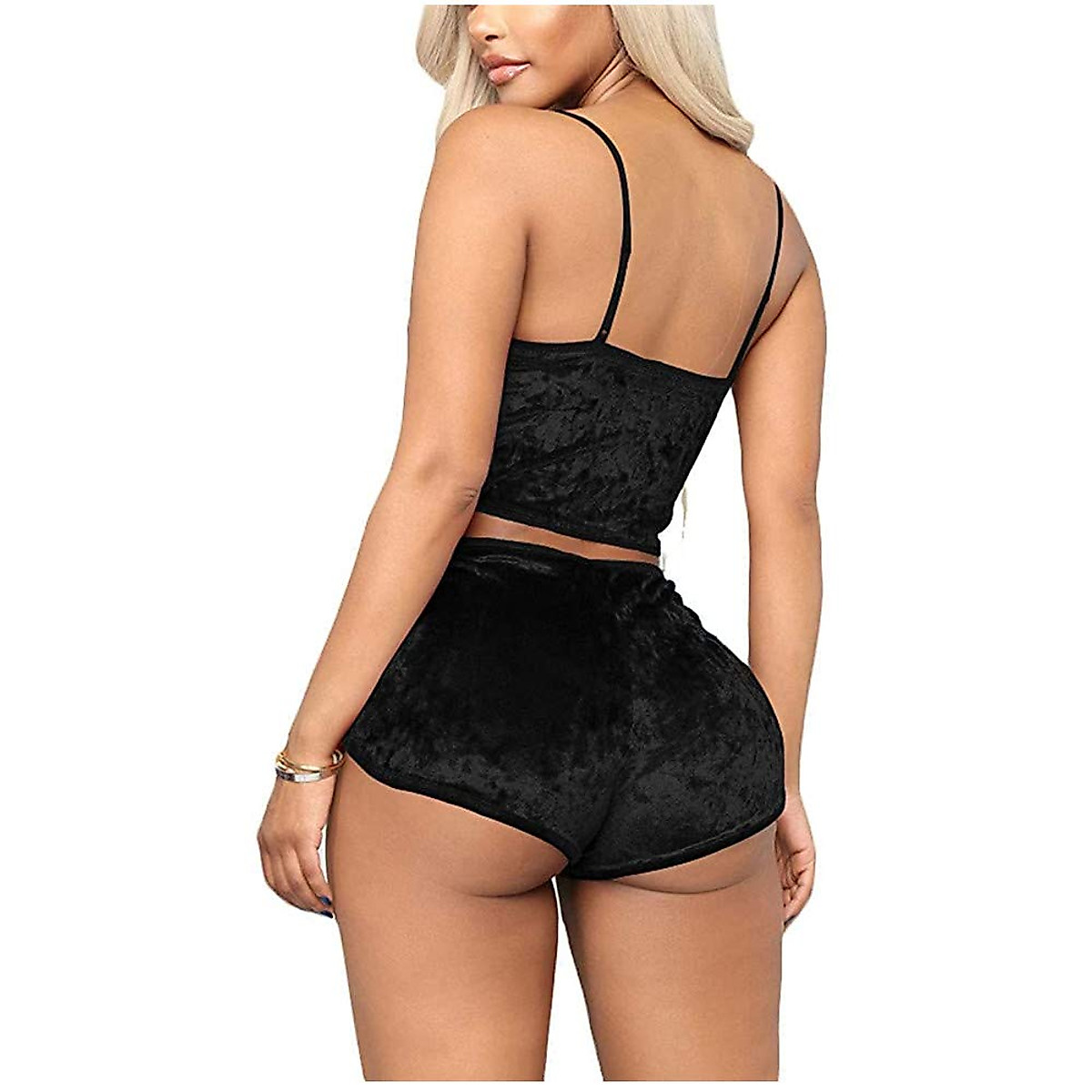 AWIBMK Women Lingerie Sexy Sets Velvet 2 Piece Outfit Spaghetti Strap Sleeveless Crop Top+ Mini Lace Trim Boy Shorts Babydoll Lingerie Pajama Set Sleepwear Nightwear Black 3XL