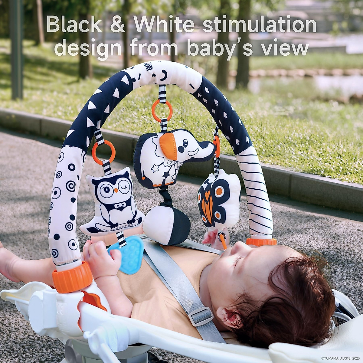 TUMAMA Car Seat Toys for Babies 0-6 Months, Stroller Toys for Infant 0-6 Months, Newborn Sensory Hanging Rattle Arch Toy with Butterfly Elephant Owls,Musical Toy for Baby 6-12 Months