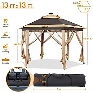 Yaheetech 13′ × 13′ Pop-Up Patio Gazebo Tent W/Mesh Netting Sides & 25 Solar LED Lights, Hexagonal Double Vented 3 Height Adjustable Gazebo with Storage Bag for Backyard, Garden, Lawn, Khaki & Brown