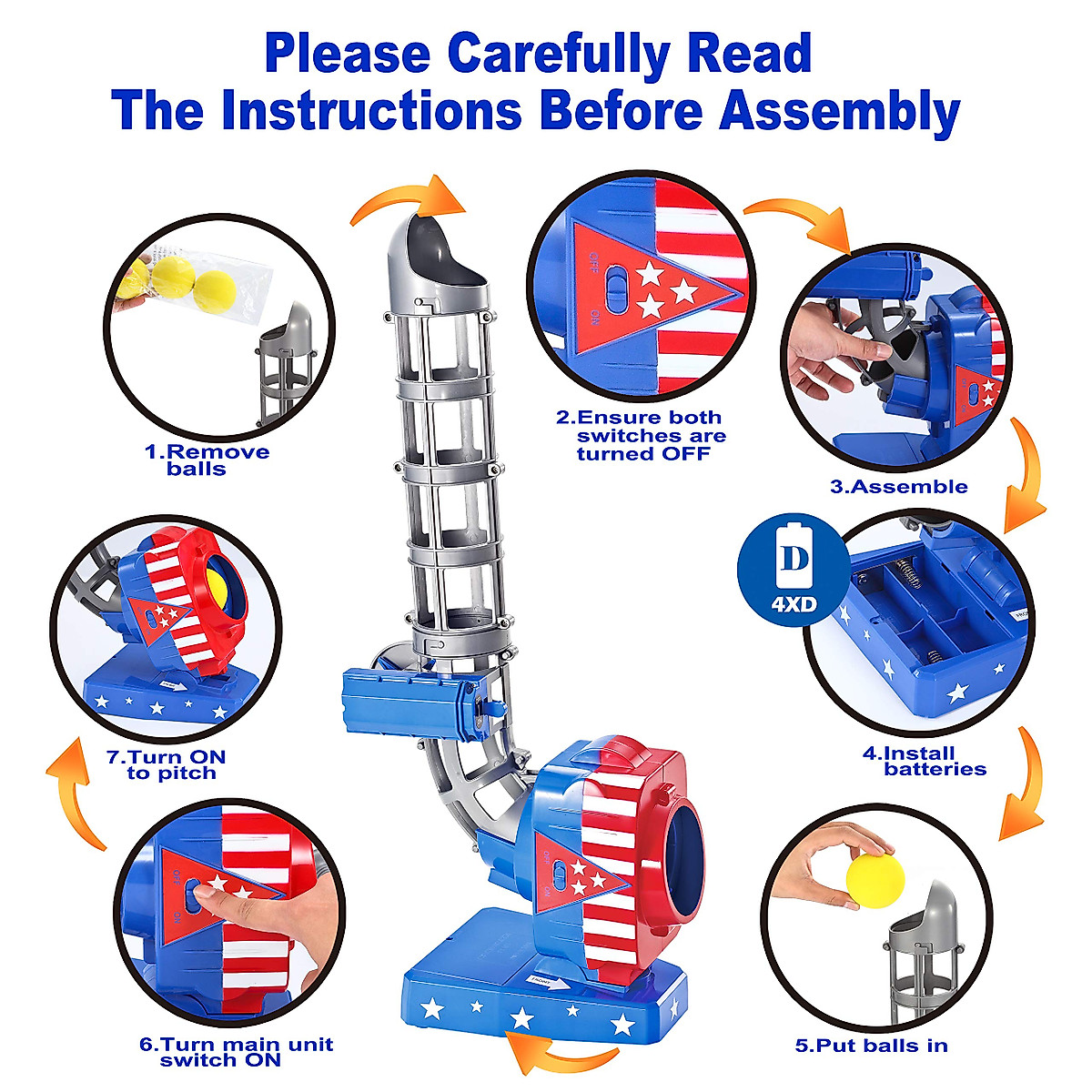 JOYIN 2 in 1 Automatic Pitcher Play Set, Toy Tennis and Baseball Pitching Machine, Tennis Baseball Training Toy Set for Kids Backyard Outdoor Pitcher Game, Patriotic American USA Flag Baseball Toy