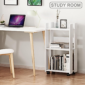 yeavs 3-Tier Side Table with Wheels, Moveable Bookshelf, Multi-Functional Rolling Bookcase Storage Cart Organizer for Office Living Room Bedroom Bathroom, White