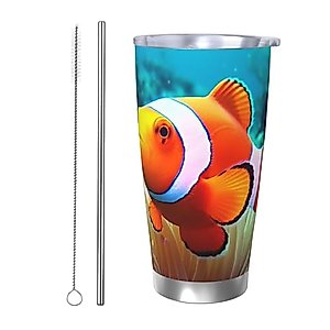 Clown Fish Tumbler with Lid and Straw 20oz Stainless Steel Car Cup for Hot and Cold Drinks, Double Wall Insulated Travel Coffee Mug Reusable Drink Thermos Cup Birthday Gifts