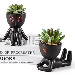 Yastouay 2 Pack Fake Succulents Plants Artificial Succulents Cute Faux Succulents in Black Human Shaped Pots Office Desk Decor for Women