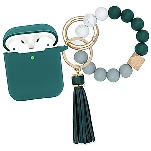 KOUJAON AirPods Case, Silicone Protective Case Cover with Beaded Bracelet Keychain Compatible with Apple AirPods 2nd 1st Generation Charging Case (Pine Green)