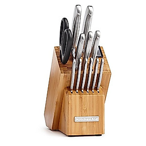KitchenAid KKFSS14BO 14 Piece Classic Forged Series Brushed Stainless Steel Cutlery Set, Bamboo Wood