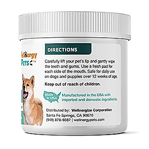 Wellnergy Pets Dental Wipes for Dogs and Cats - No Brush Formula; Improve Oral Hygiene and Health; Freshen Breath; Fresh Mint Flavor. 100 Wipes.