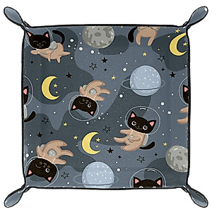 delayer Dice Tray, Folding Tray PU Leather Dice Rolling Tray Holder for RPG Dice Gaming and Other Board Game Table Games,Cute Cats Astronauts Helmets Grey,16x16cm