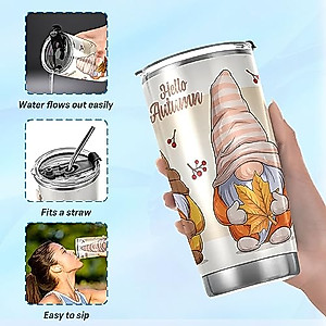 Jihqo Cute Autumn Pumpkin Gnome Tumbler with Lid and Straw, Insulated Stainless Steel Tumbler Cup, Double Walled Travel Coffee Mug Thermal Vacuum Cups for Hot & Cold Drinks 12oz