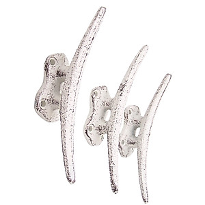 Wowser Antique White Boat Cleat Cast Iron Wall Hooks, Wall Mounted Decoration, Beach Themed Wall Décor, Set of 3, 5.75 Inches High