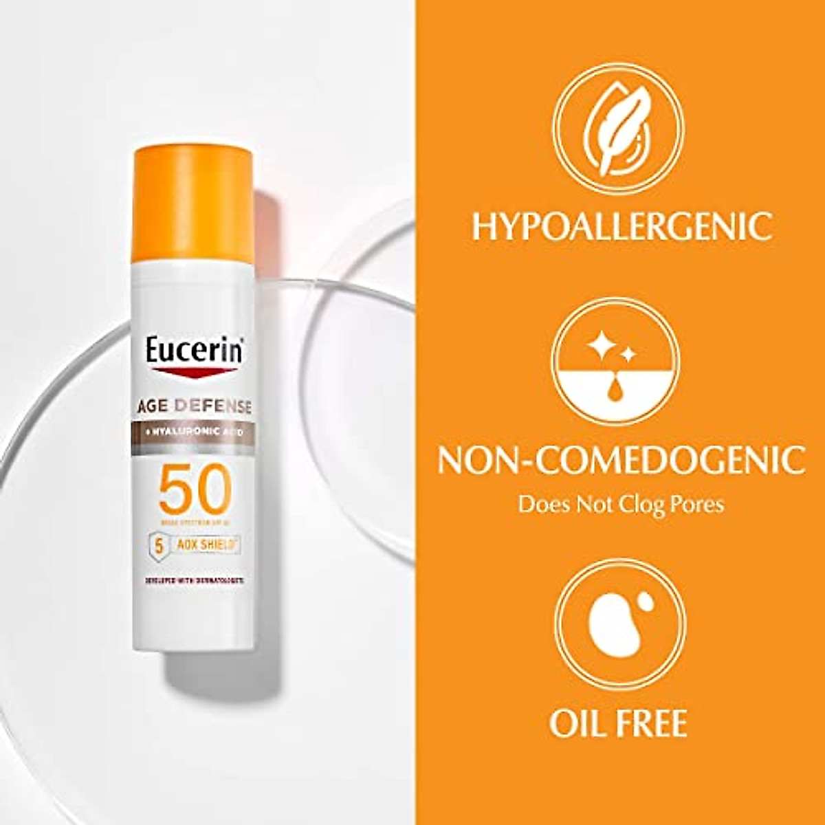 Eucerin Sun Age Defense SPF 50 Face Sunscreen Lotion with Hyaluronic Acid, Facial Sunscreen with 5 Antioxidants, 2.5 Fl Oz Bottle