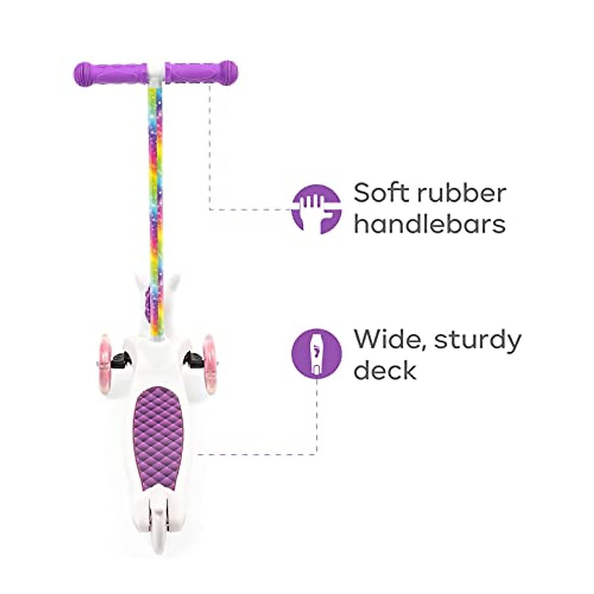 Dimensions Unicorn Kick Scooter for Kids, Self-Balancing 3 Wheeled Light Up Scooter with Extra Wide Anti-Slip Deck, Rear Brake, Lean to Steer, Lightweight Design, for Kids 3 and up, 75 LB Limit